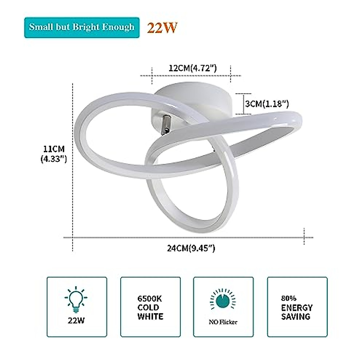 AUA LED Ceiling Light, Modern Semi Flush Mount Ceiling Lights Fixture, 22W Cool White 6500K Hallway Light Fixtures Ceiling Lamps for Kitchen Dining Room Living Room Bedroom Spiral Design