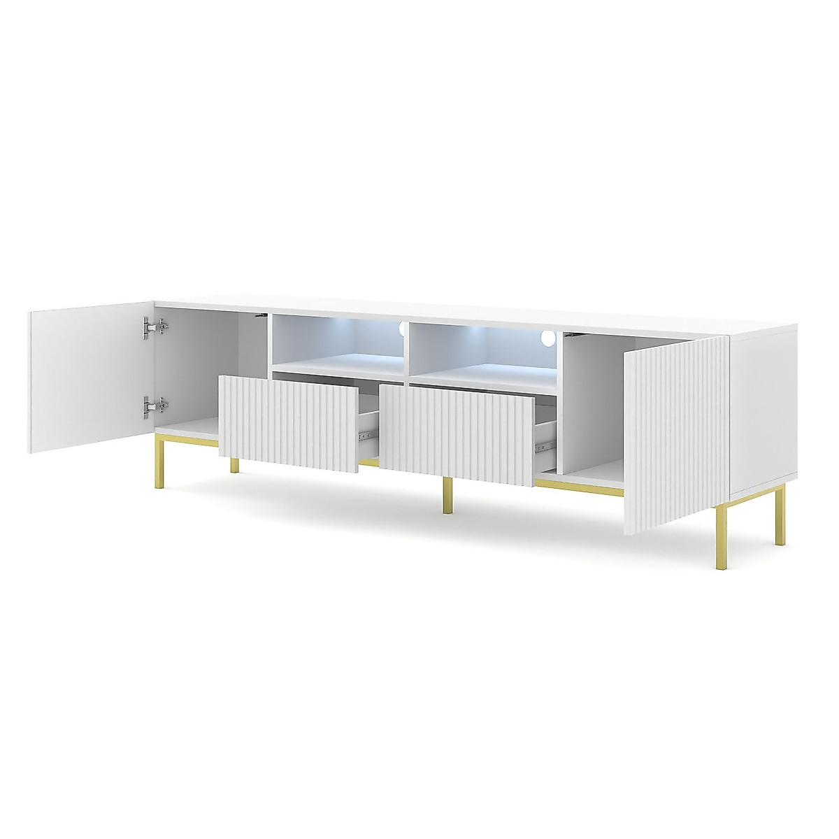 Homlando Ravenna B TV Stand 79" – Lowboard TV Cabinet – Gaming Center for TVs Up to 85” – LED TV Unit - TV Entertainment – Center with Storage for Living Room – White Matte with Gold Legs