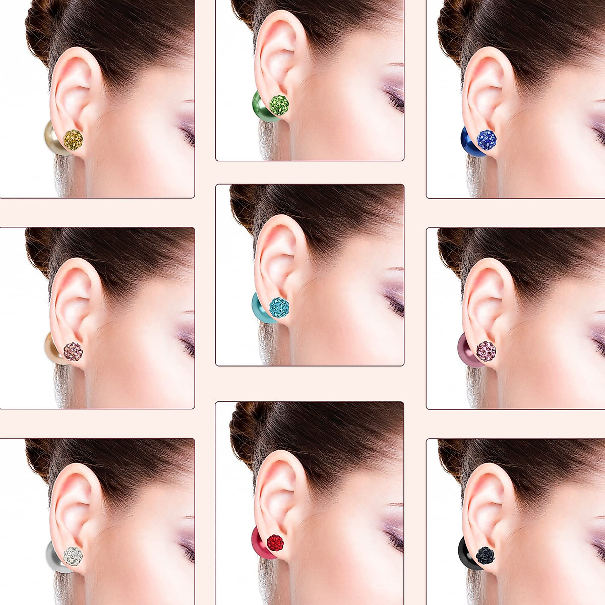 AHIER 9 Pairs Bling Rhinestone Polymer Clay Studs Pearl Button Earrings, Double Ball Earring, Jewelry Piercing Ear Ring