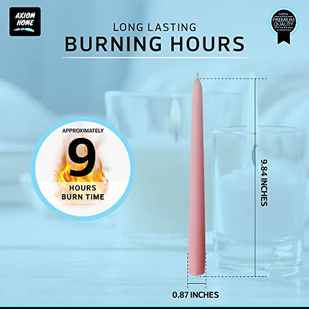 Axiom-Pack of 10 Unscented Taper Candles-9.84 Inches Tall Thicker Candle Set-9 Hours Burning time-Premium Quality Wax dripless candlesticks for Home Décor Wedding, Party & Valentines Day (Baby Pink)