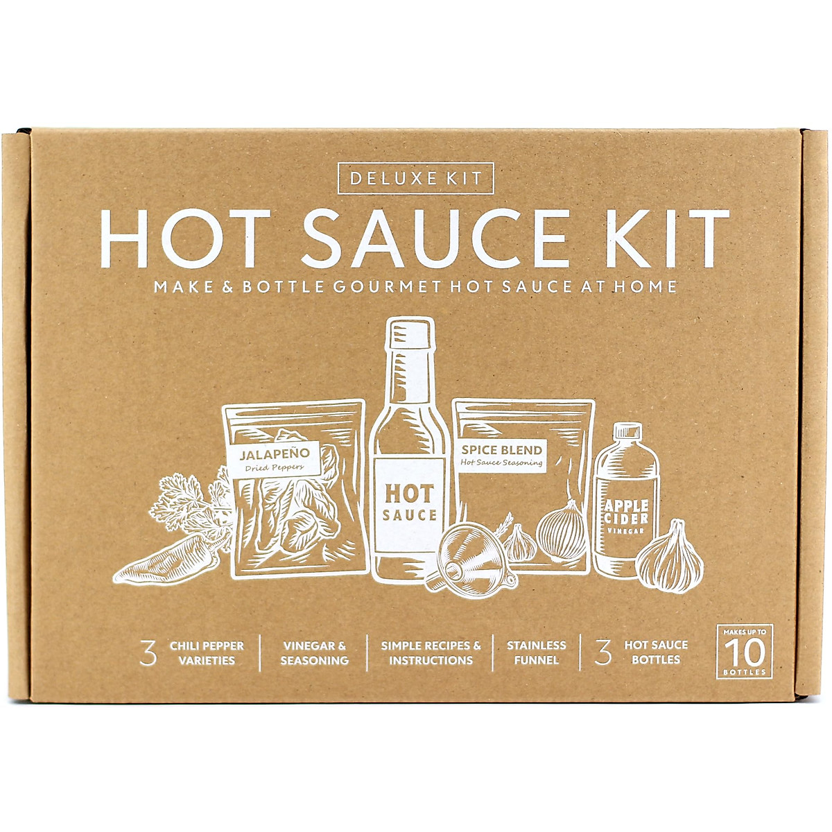 Unique Gift for Men, Deluxe Hot Sauce Making Kit, 3 Varieties of Chili Peppers, Gourmet Spice Blend, 3 Bottles, 16 Fun Labels, Make your own sauce, Nice Gift For Dad, Brother, Uncle, Guys. (Deluxe Kit)