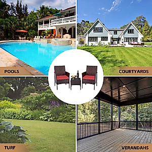 PAIQIAN Patio Porch Furniture Sets 3 Pieces PE Rattan Wicker Chairs with Table Tempered Glass Outdoor Garden Furniture Sets for Balcony Garden Porch Backyard(Brown/Red)