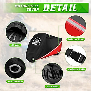 COVERVIN Motorcycle Cover, All Weather Outdoor Waterproof Night Protection with Reflective Strips, Locking Holes and Storage Bag for 96 Inch Suzuki, Kawasaki, Honda, Harley-Davidson(Red XL)