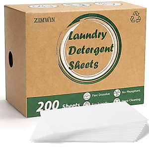 Zimwin Laundry Detergent Sheets, 200 Count, Fragrance Free, Eco-Friendly, Plastic-Free, Hypoallergenic, Liquidless Washing Supplies for Dorm Travel Camping