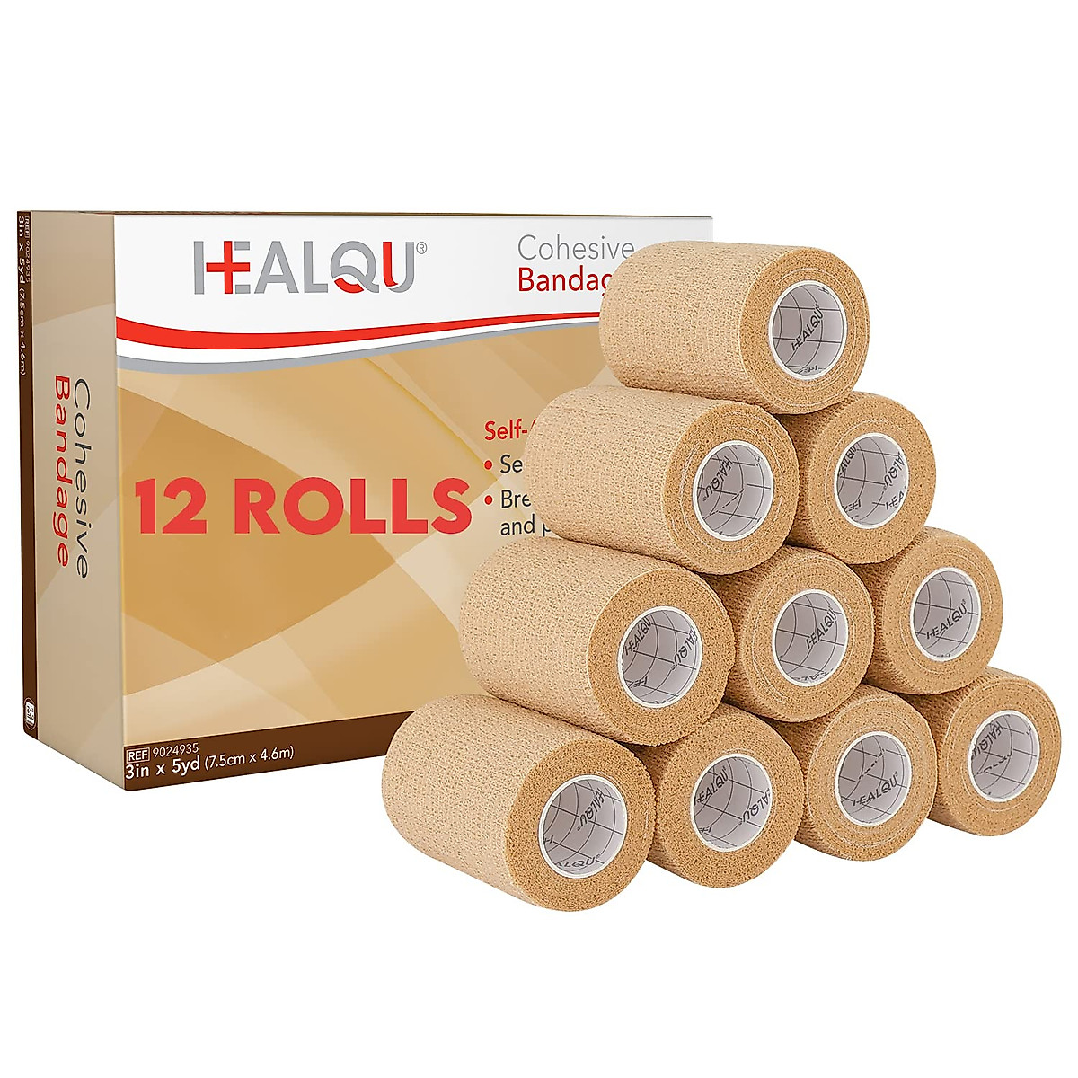 HEALQU Self Adhesive Bandage Wrap – Cohesive Tape for Athletic & Sports - 3" x 5 Yard Self Adherent Medical Tape, Flexible, Waterproof Elastic Bandages for Wrist & Ankle Vet Wrap for Dogs (Box of 12)