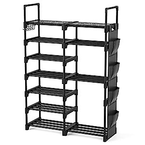 ROJASOP 7-Tier Shoe Rack for Entryway Closet, 25-28 Pairs Tall Garage Shoe Rack for Closet with Side Hooks Large Shoe Rack Storage Organizer Metal Stackable Boot Shoe Rack for Garage, Bedroom