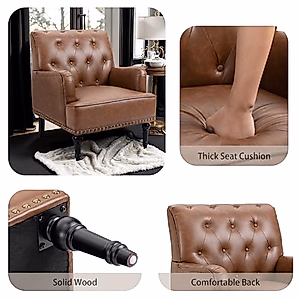MOJAY Mid-Century PU Leather Accent Chair, Living Room Lounge Sofa Chair with Black Painted Rubber Wood Feet, Single Club Armchair with Rivet Trim for Bedroom Home Reception (Brown)