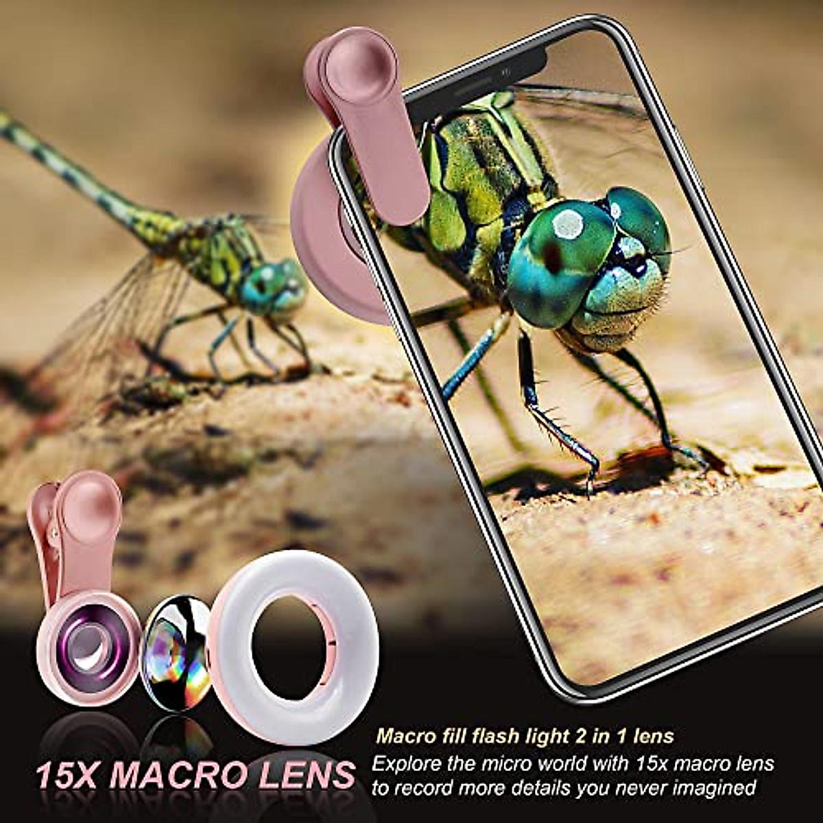 Macro Lens for iPhone and Android with Mini Clip Ring Light, Portable Rechargeable Dimming, for Smart Phone Photography, Camera Video Recording, VLOG