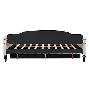 Upholstered Full Daybed with Twin Size Trundle, Full Size Daybed Frame with Button Tufted and Wingback Design, Wooden Full Sofa Bed for Livingroom Bedroom, No Box Spring Needed,Beige