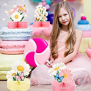 Hotop 9 Pcs Daisy Flower Birthday Party Decorations Daisy Butterfly Honeycomb Centerpieces 3D Daisy Centerpieces for Tables Pink Daisy Table Toppers Boho Groovy Party Decorations Girl Baby Shower