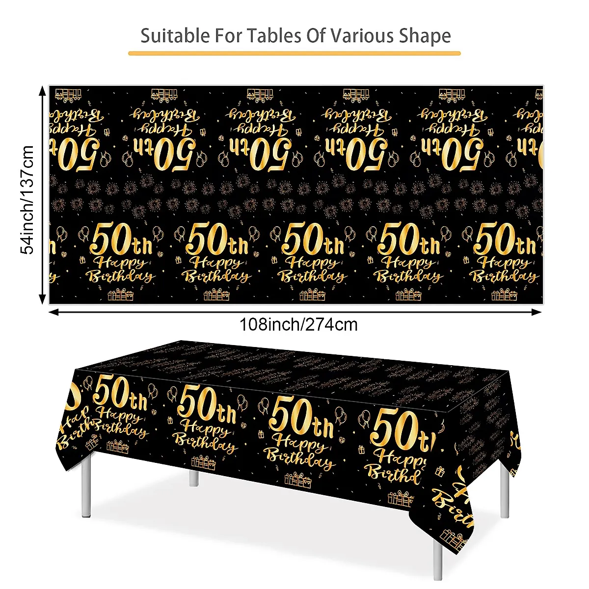 PHOGARY 50th Birthday Party Decorations Tablecloth, 3 Pack Happy Birthday Table Cover for Women Men, Bday Anniversary Theme Party Supplies Black and Gold Rectangular Tablecloths 54 × 108 in