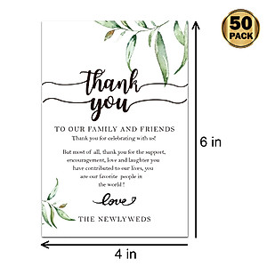 Giftideaworkshop 50 Wedding Reception Thank You Cards - Greenery Thank You Table Place Setting Cards-Great Addition to Your Table Centerpiece, Place Setting and Wedding Decorations, 4x6 inch.