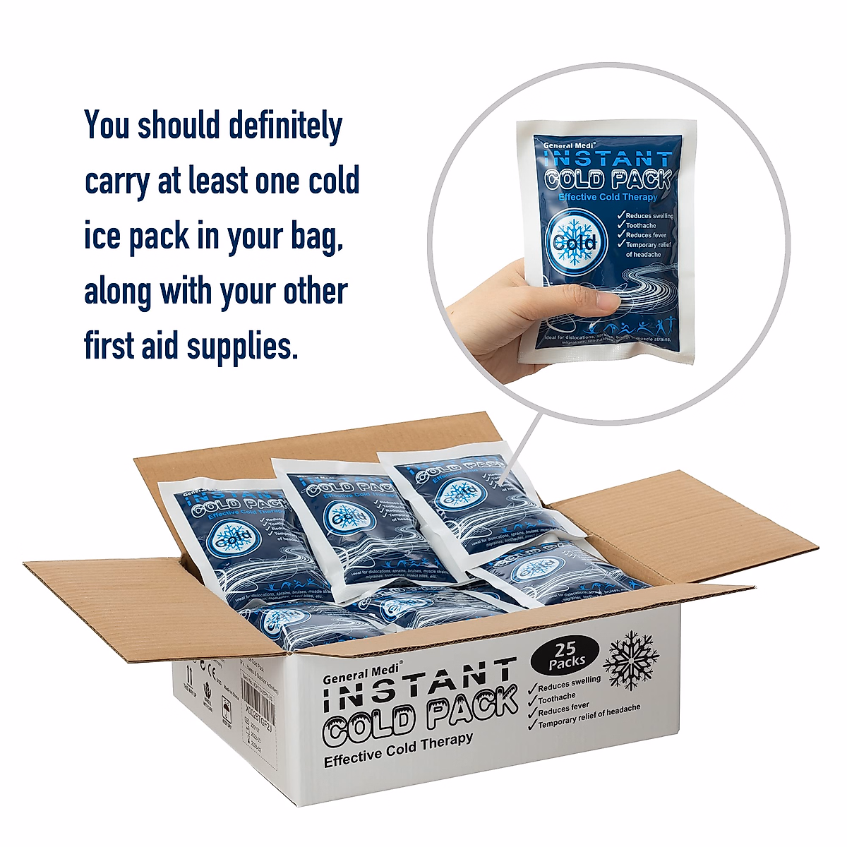 General Medi Instant Ice Cold Pack (4”x 5.5”) – 25 Packs Disposable Cold Therapy Ice Packs for Pain Relief, Swelling, Inflammation, Sprains, Toothache – for Athletes & Outdoor Activities