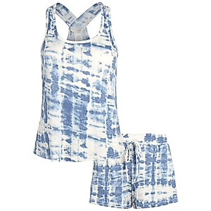 Lucky Brand Women's Pajama Set - 2 Piece Cross Back Tank Top and Sleep Shorts (S-XL), Size Large, Blue Tie Dye