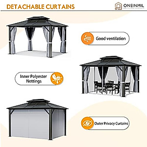 oneinmil 10x12FT Outdoor Hardtop Gazebo Galvanized Steel Pergolas Double Roof Canopy, Aluminum Frame Grill Pergola for Patios with Netting and Curtains,Grey