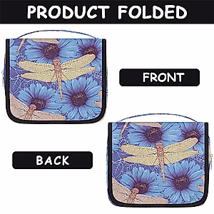 POFATO Dragonfly Blue Flower Travel Toiletry Bag Cosmetic Makeup Bag for Women Men Hanging Hook Wash Toiletries Portable Toiletry Bags Organizer