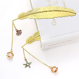 2 PCS Metal Feather Bookmarks with Unique Pendants by Soykay (Gold Seashell & Starfish)