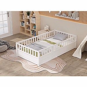 Favfurish Twin Size Montessori Floor Bed, Solid Wood Playhouse Bedframe with Safety High Fence for Kids, Girls, Boys, Bedroom, Playroom, Easy Assembly & No Box Spring Needed, Support Slat White