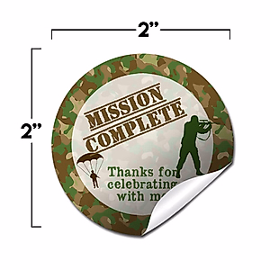 Mission Complete Top Secret Army Soldier Themed Thank You Sticker Labels, 40 2" Party Circle Stickers by AmandaCreation, Great for Party Favors, Envelope Seals & Goodie Bags