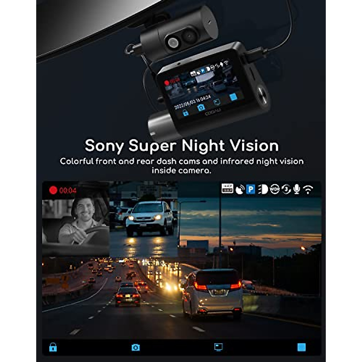 COOAU 2.5K Dash Cam Front and Rear Inside, 2.5K+1080P+1080P 3-Channel Dash Cam, Build-in GPS Wi-Fi, Dash Camera for Cars with Super IR Night Vision, 24-HR Parking Mode, Supports 512 GB Max (D50)