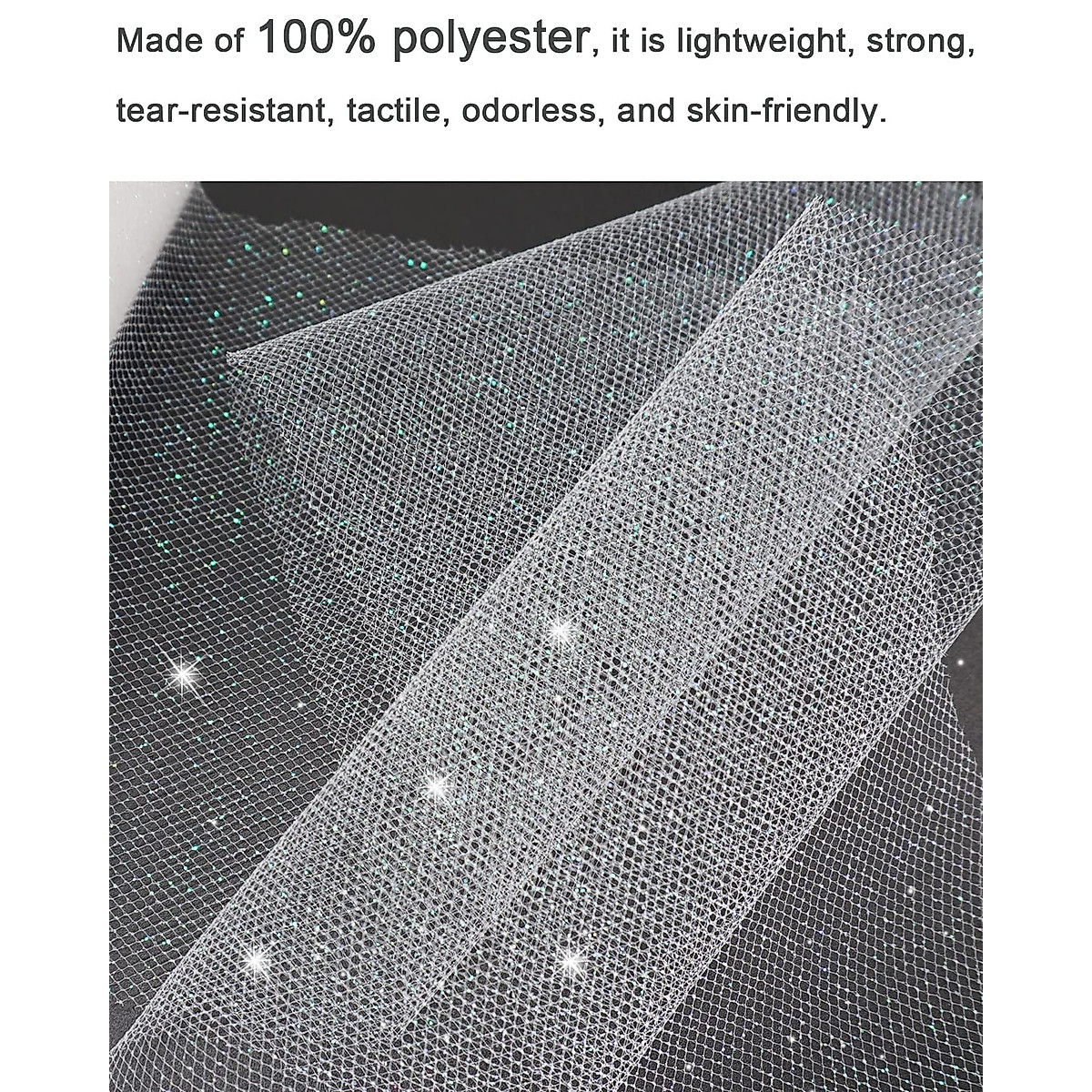 Glitter Tulle Fabric Rolls, 6 Inch 50 Yards (150ft) Sparkling Spool Ribbon Sequin Netting for Tutu Skirt Gift Wrapping Wedding Party Decoration (White)