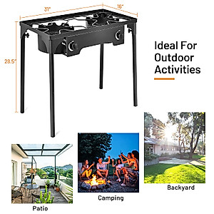 LUARANE Outdoor Stove High Pressure Double Burner Propane, Portable Gas 2 Burner Camp Stand Cooking Adjustable Detachable Legs, 20 PSI Regulator, Patio Camping Burner for Picnic, BBQ Grill (Black)