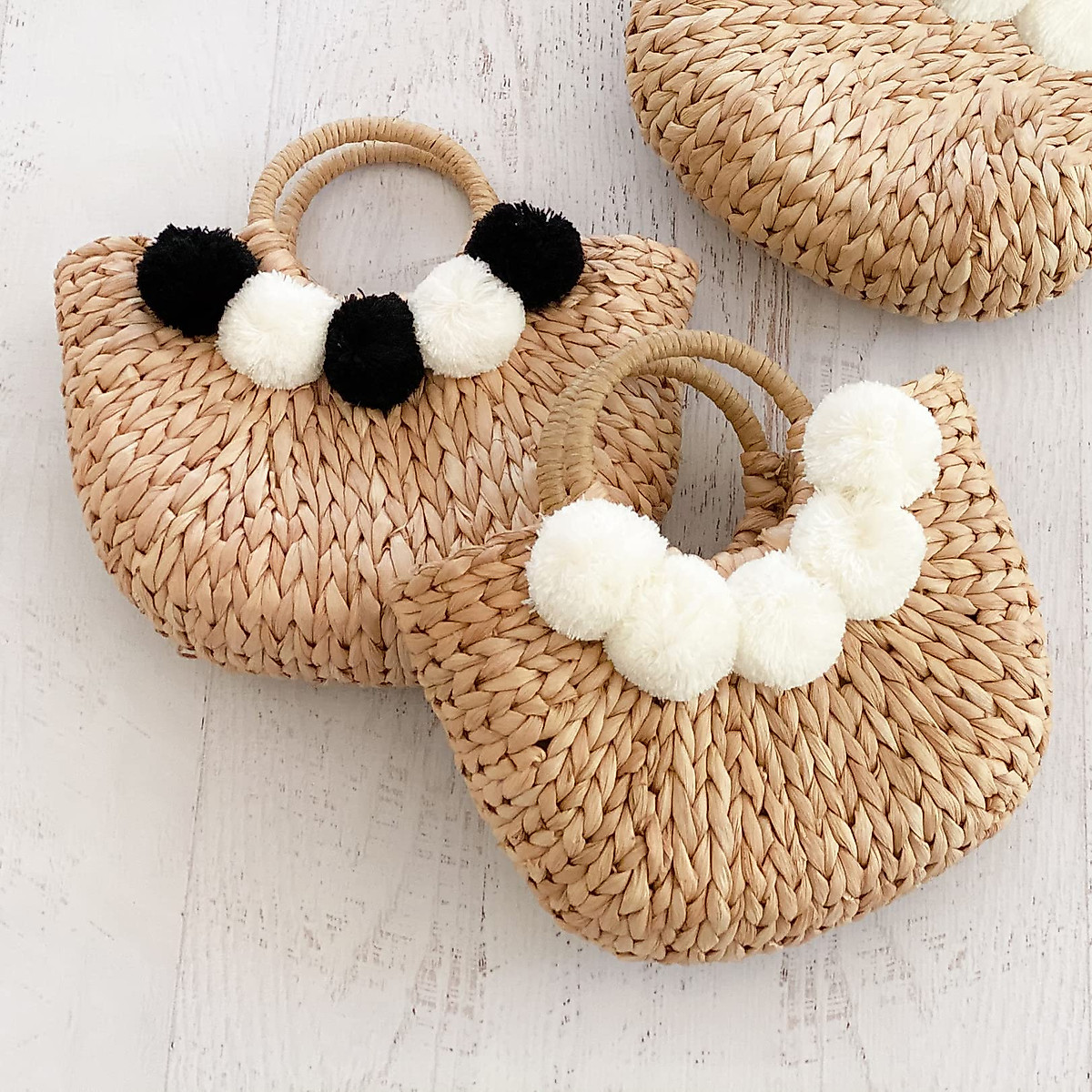ModParty Boho Chic Straw Bag with Pom Poms Hand-Woven Sound Handle Purse Summer Beach Bag for Women (White Pom Poms)