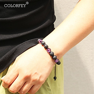 Natural Amethyst Beaded Bracelets for Women, COLORFEY Real Amethyst Lava Stone Crystal Bracelets Unique Handmade Bracelets Valentines Gifts for Wife, Protection Energy Beads Crystal Jewelry for Women