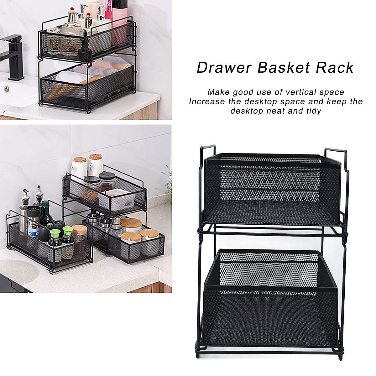 RIAAJ Kitchen Sink Shelf 2 Tier Metal Mesh Storage Baskets Organizer Kitchen Storage Drawer Basket Multilayer Kitchen Shelf Under Sink Drawer Large Capacity Storage Shelf Kitchen Sink Organizer