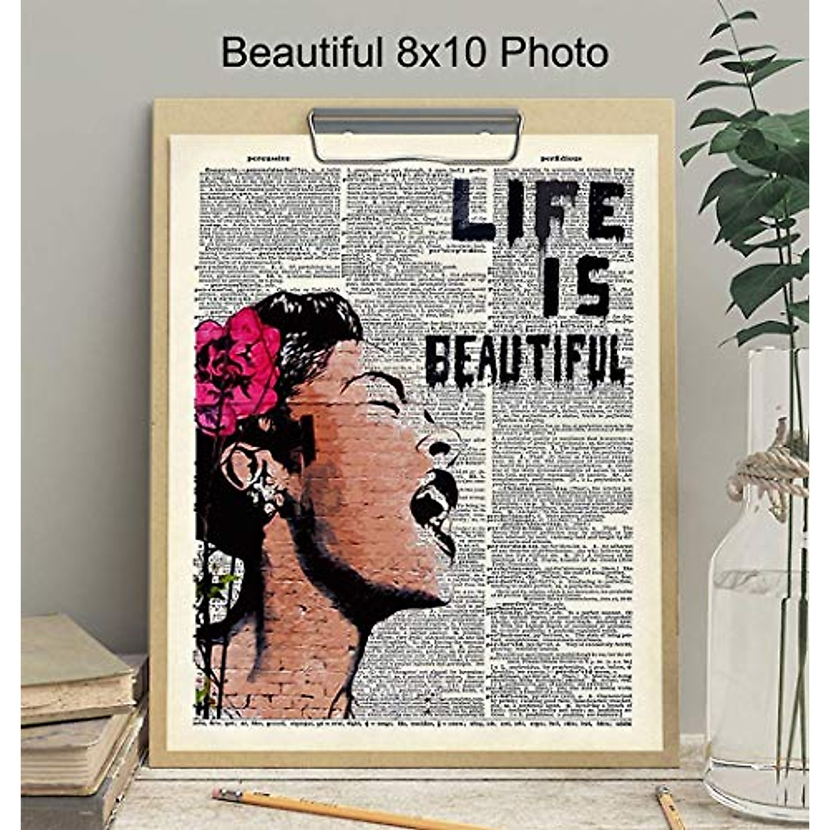 Banksy Wall Art - Upcycled Dictionary Graffiti Art Print, Billie Holiday 8x10 Street Art Poster, Home Decor - Urban Wall Art Print and Room Decorations - Makes a Great Gift - 8x10 Photo Unframed