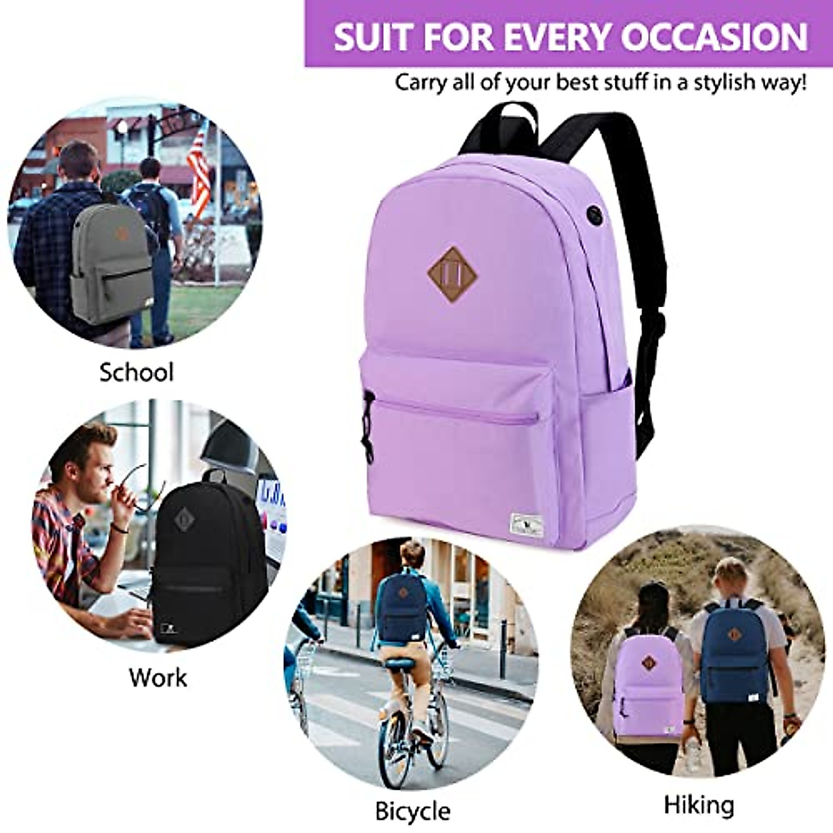 VX VONXURY Backpack for Women,Simple Lightweight Lavender Bookbag for School Travel Work (Light Purple)