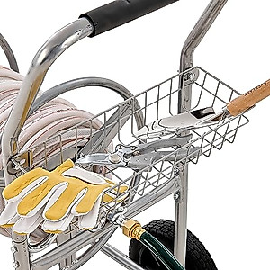 VEVOR Hose Reel Cart, Hold Up to 300 ft of 5/8’’ Hose, Garden Water Hose Carts Mobile Tools with 4 Wheels, Heavy Duty Powder-Coated Steel Outdoor Planting with Storage Basket, for Garden, Yard, Lawn