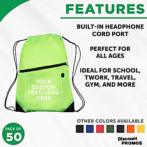 Discount Promos Custom Drawstring BackPacks with Pocket Set of 50, Personalized Bulk Pack - Water Resistant, Perfect for Gym, Camping, Beach, Outdoor Sports - Lime Green