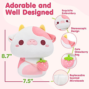 Mewaii Scented Stuffed Animal, Cute Strawberry Cow Plush with Sweet Strawberry Scented Microbeads, Pink Strawberry Plush Toy for Hugging Plush & Decor Pillow