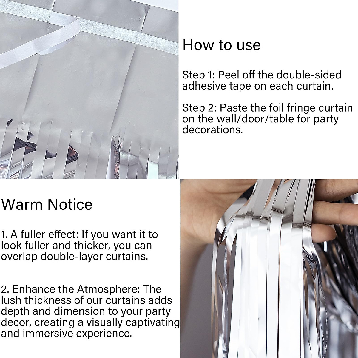 Silver Foil Fringe Backdrop Curtains, 2 Pack of 3.28 ft x 8.28 ft Metallic Tinsel Foil Fringe Streamer Photo Booth Props Backdrop for New Year Christmas Birthday Wedding Party Decorations