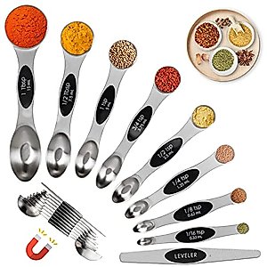 [9 Pack] Magnetic Measuring Spoons Set Dual Sided Measuring Scoop with Leveler Stainless Steel Measuring Spoons Kitchen Utensils Gadgets for Dry or Liquid Food