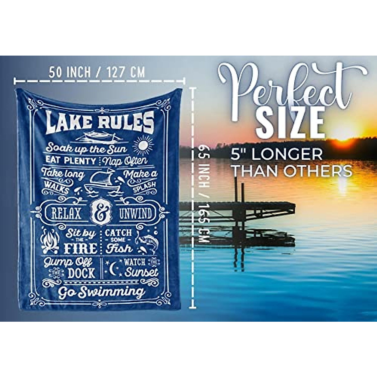 Lake House/Life Gifts Throw, Flannel Blanket for Women Men, 50" x 65" - Funny Lake Rules Quotes - Boating/Fishing Gifts - House Decor Decorations for Home Porch Bed Sofa Room