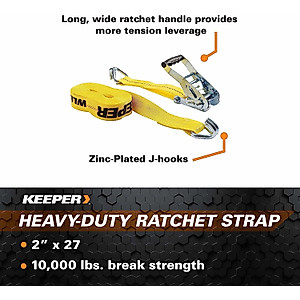KEEPER 04622 Heavy Duty 27' x 2'' Ratcheting Tie Down, 10,000 lbs Rated Capacity with Double J-Hooks, yellow, "1.5"" x 1.5"" x 0.75"""