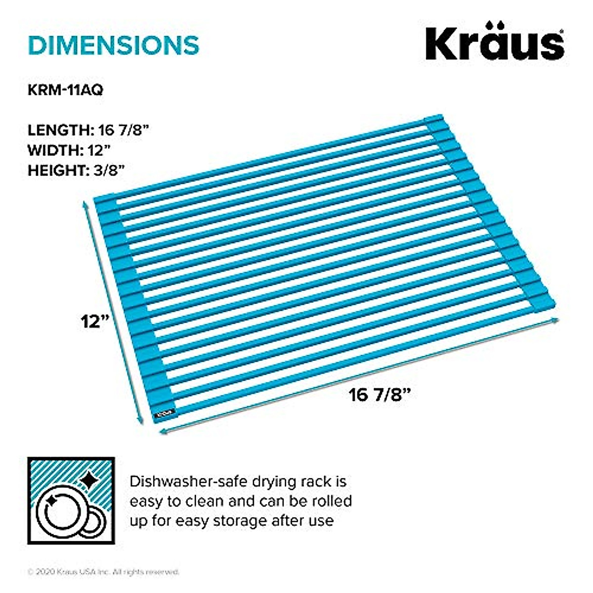 Kraus KRM-11AQ Kore Multipurpose Over-Sink Roll-Up Dish Drying Rack, Colander and Trivet, Aqua