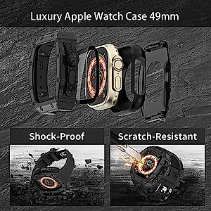Luxury Case for Apple Watch Band 49mm, Rugged Bumper Metal Cover + Built-in Glass +Silicon Strap for Men's Heavy Duty iWatch Series Ultra 2 49mm Protective Case (49mm, Black)