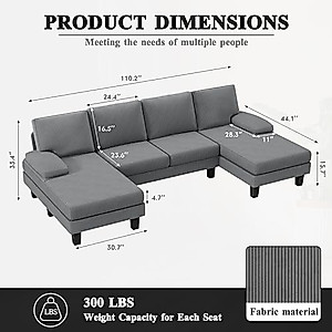 YESHOMY Sofa Sectional Comfy Couches for Living Room, Modern Deep Removable Back and Seat Cushions, 4 Seater Fluffy Sleeper with Soft Armrest, Silvery