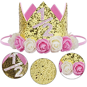 Baby Birthday Crown, Princess Crowns Tiara Girls Party Hat With Gold Glitter and Pink Roses for Birthday Party Decorations (1/2st Golden Crown)