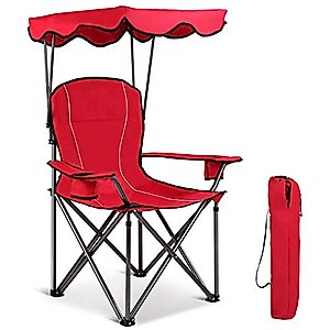 GYMAX Canopy Chair, Portable Folding Beach Pool Chair Lawn Chair with Canopy Two Cup Holders and Carry Bag, for Outdoor Beach Camp Park Patio (Red)