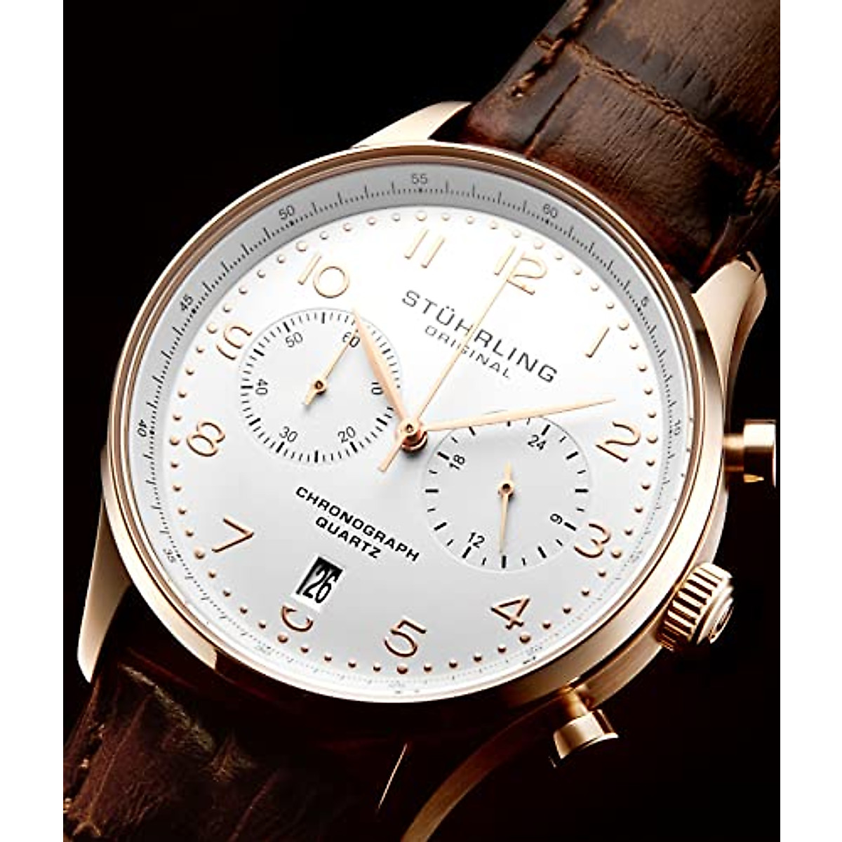 Stuhrling Original Mens Quartz Chronograph Dress Watch - Stainless Steel Case and Leather Band - Analog Dial with Date GR1-Q Mens Watches Collection