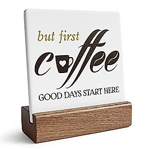 Pigort But First Coffee Sign Ceramic Desk Decor Office Farmhouse Bar Decoration with Wooden Stand Table Sign Vintage Kitchen Coffee Wood Plaque for Tier Tray Decor