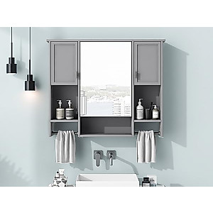 Merax Bathroom Medicine Cabinet with Mirror, Wall Mounted Bathroom Storage Cabinet with Mirror Door & Open Shelf, Over The Toilet Space Saver Storage Cabinet with Towel Rack (Grey Medicine Cabinet)