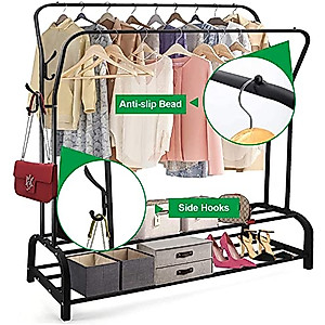RELIANCER Heavy Duty Deluxe Double-Rail Garment Rack w/ 2 Tier Shoe Shelves 140lb Capacity Large Clothes Hanging Rack Commercial Clothing Organizer Indoor Bedroom Store Coat Hanger Holder