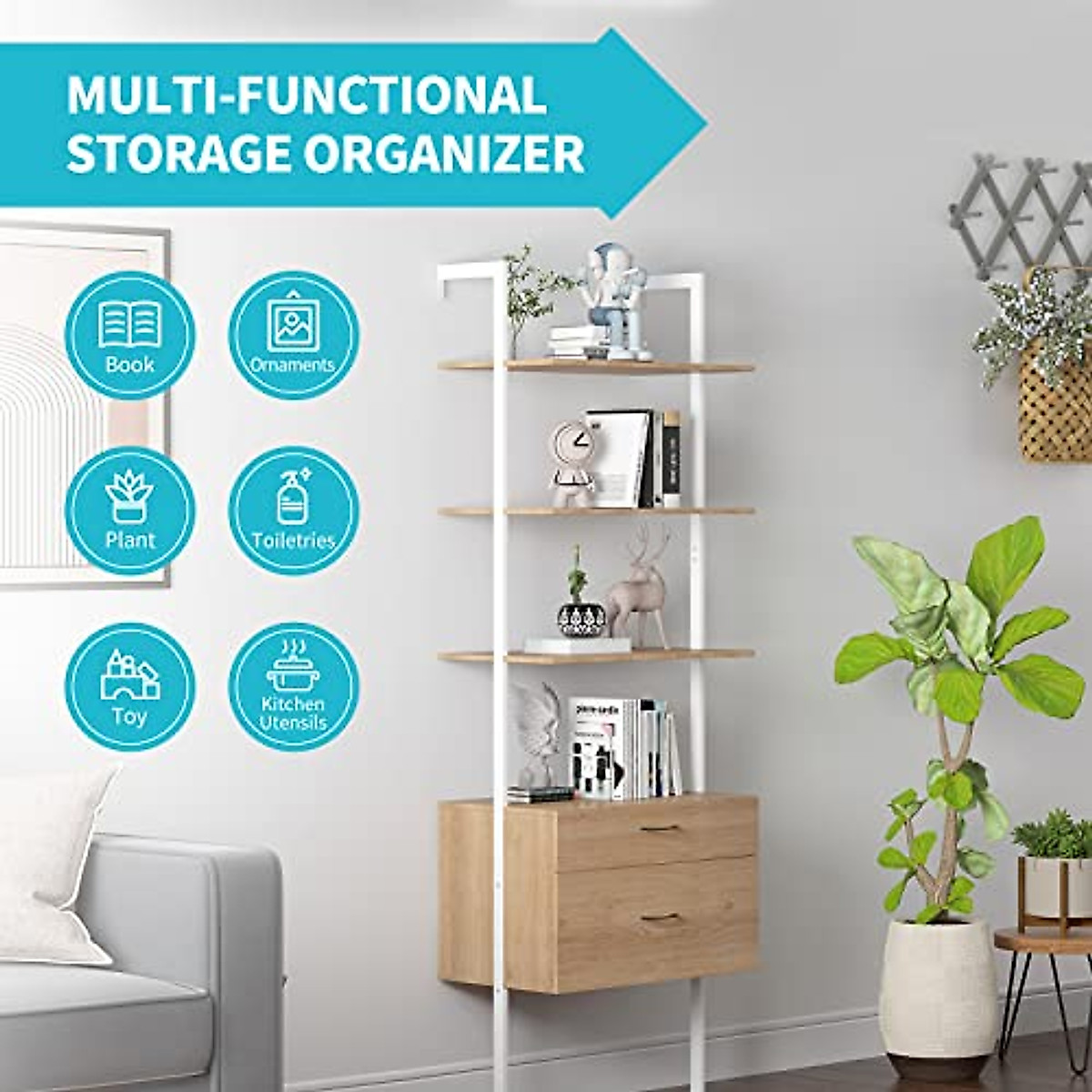 CECER Bookshelf with Wood Drawers and Matte Steel Frame for Small Places Bedroom Office Apartment