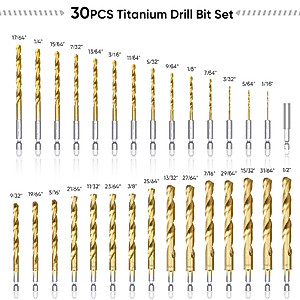 TICONN 30 PCS Titanium Coated Drill Bit Set with Hex Shank, 135 Degree Tip High Speed Steel Drill Bits Kit with Storage Case for Steel, Aluminum, Copper, Soft Alloy Steel Size from 1/16" to 1/2"