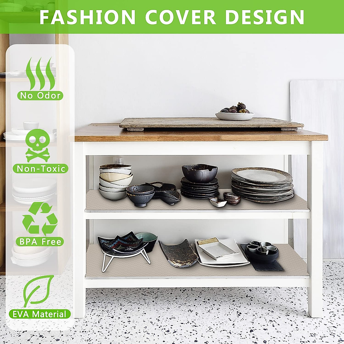 WochiTV Shelf Liner for Cabinets, Drawer 11.8 Inch x 10 Feet, Non Adhesive EVA Plastic Washable and Waterproof Mat for Kitchen, Pantry, Bathroom Closet, Cupboard, Drawer, Khaki